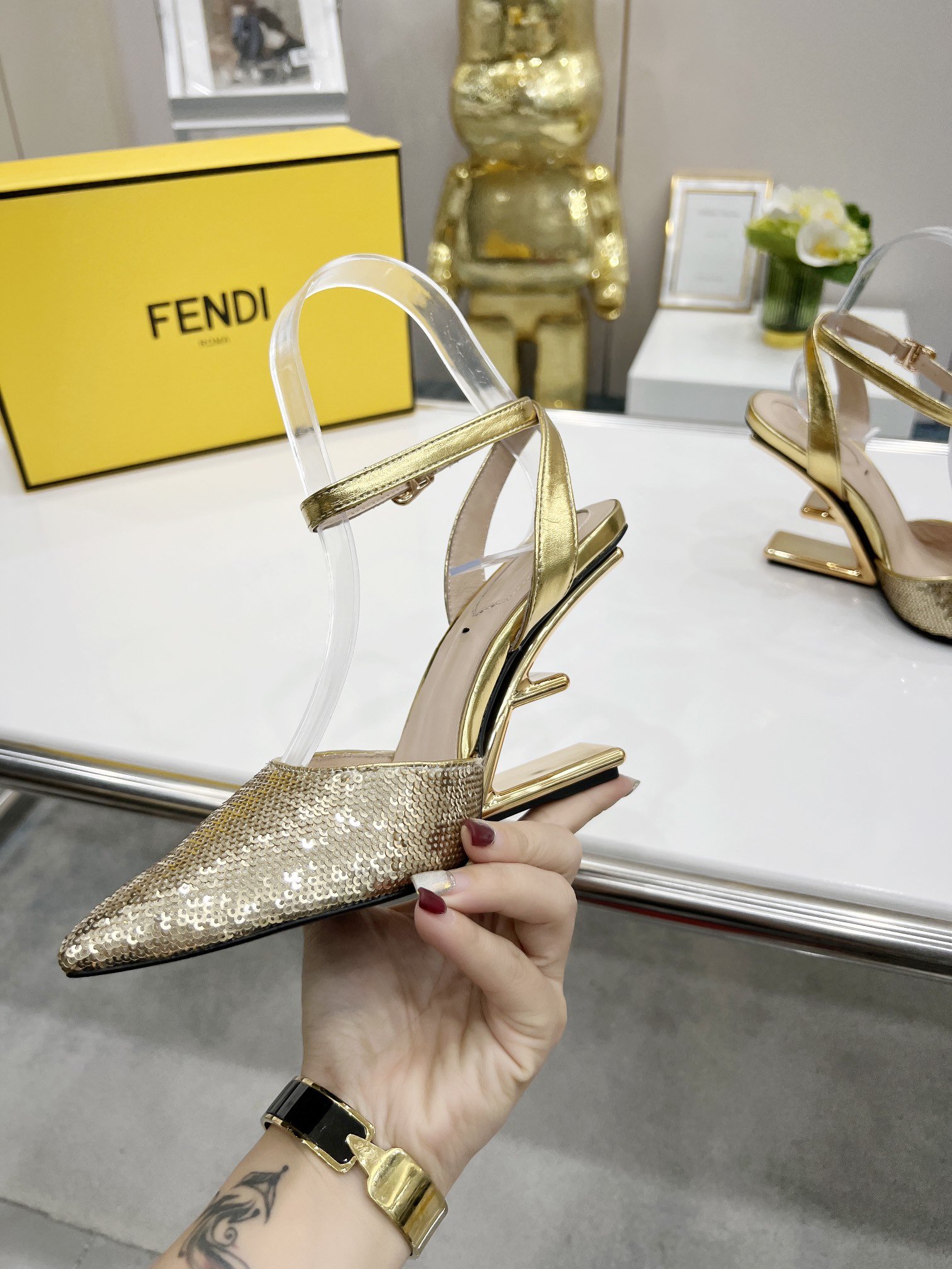 Fendi First Gold Glitter High-Heeled Slingbacks For Women - Temafes ...