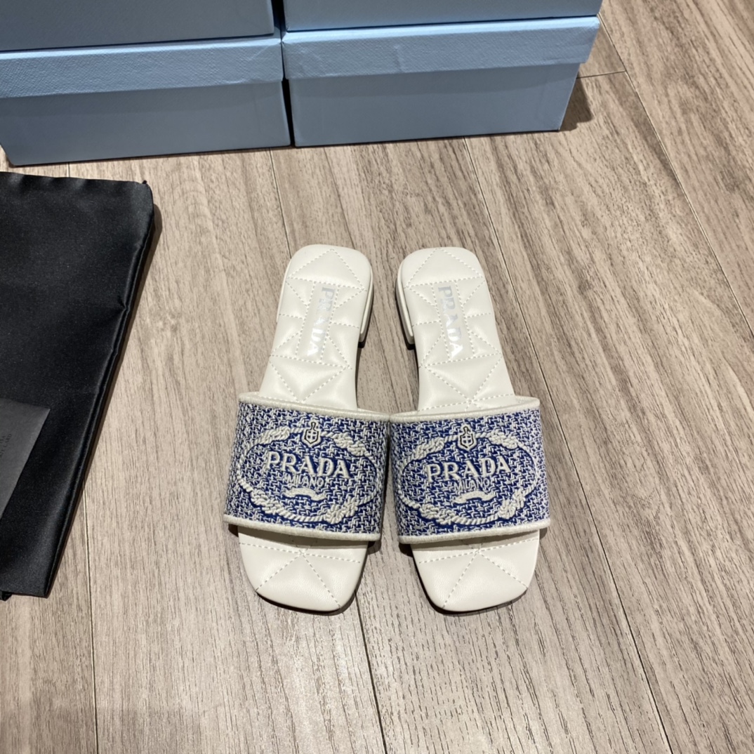 Prada Embroidered Fabric Slides Blue For Women 0.4in/10mm PRD - Temafes ...