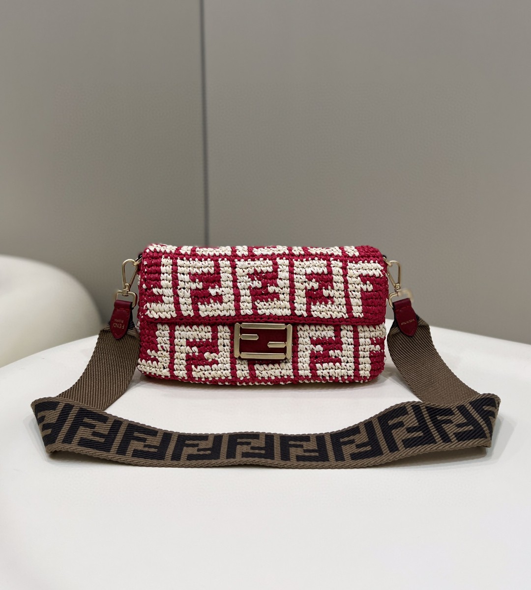 Fendi Baguette Red raffia back with crocheted FF Bag For Woman 15cm/6in ...